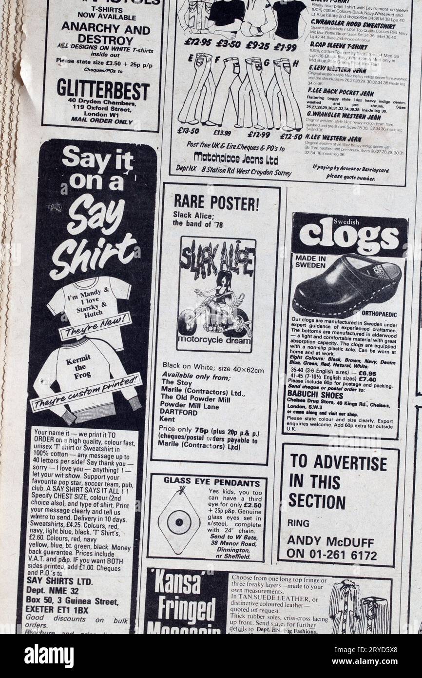 Advert for Slack Alice group T Shirt in 1970s issue of NME New Musical ...