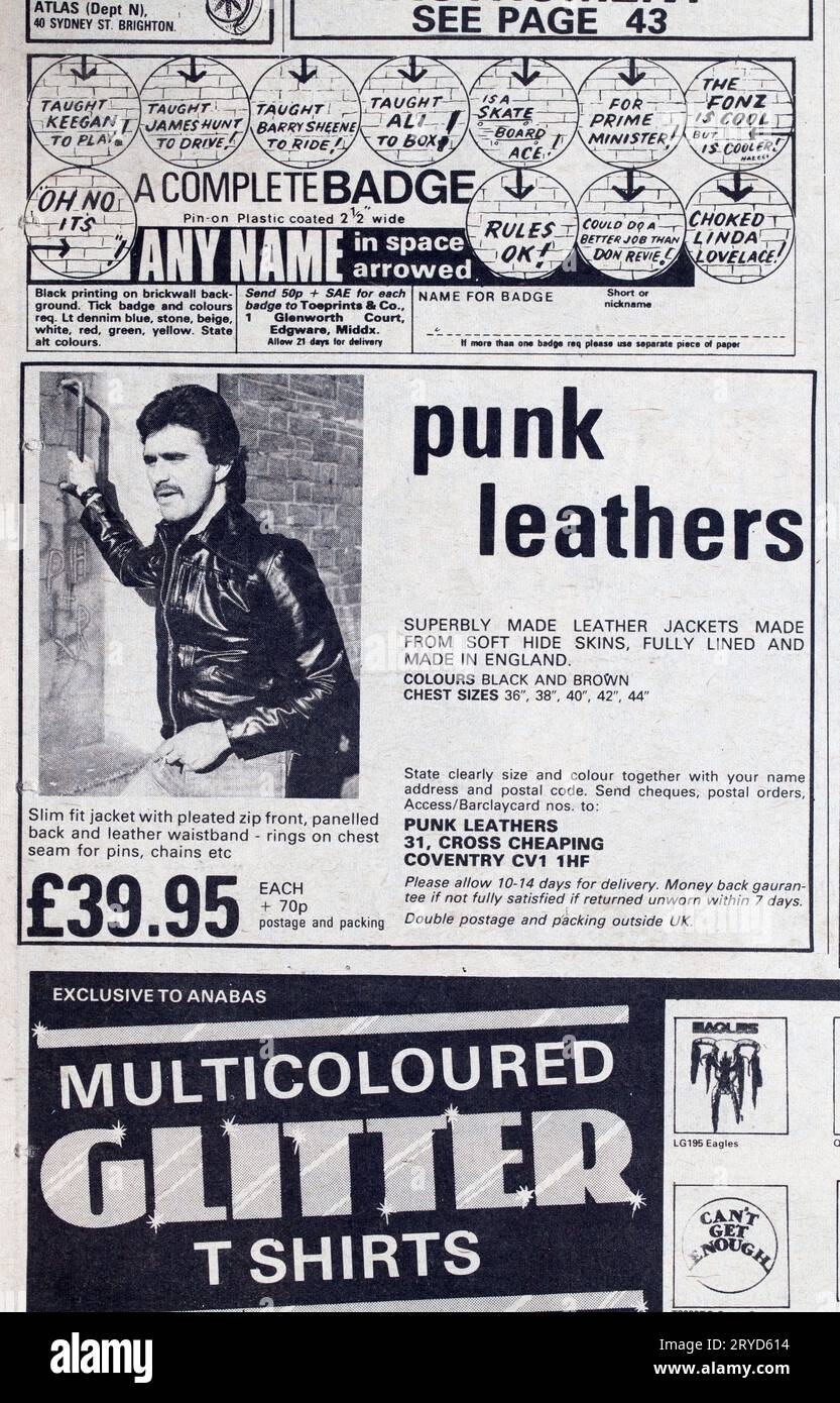 Advert for Punk Leather Jackets in 1970s issue of NME New Musical ...