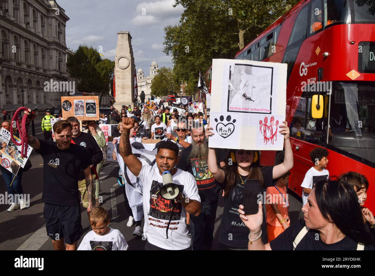 London, UK. 30th September 2023. Protesters outside Downing Street. Dog ...