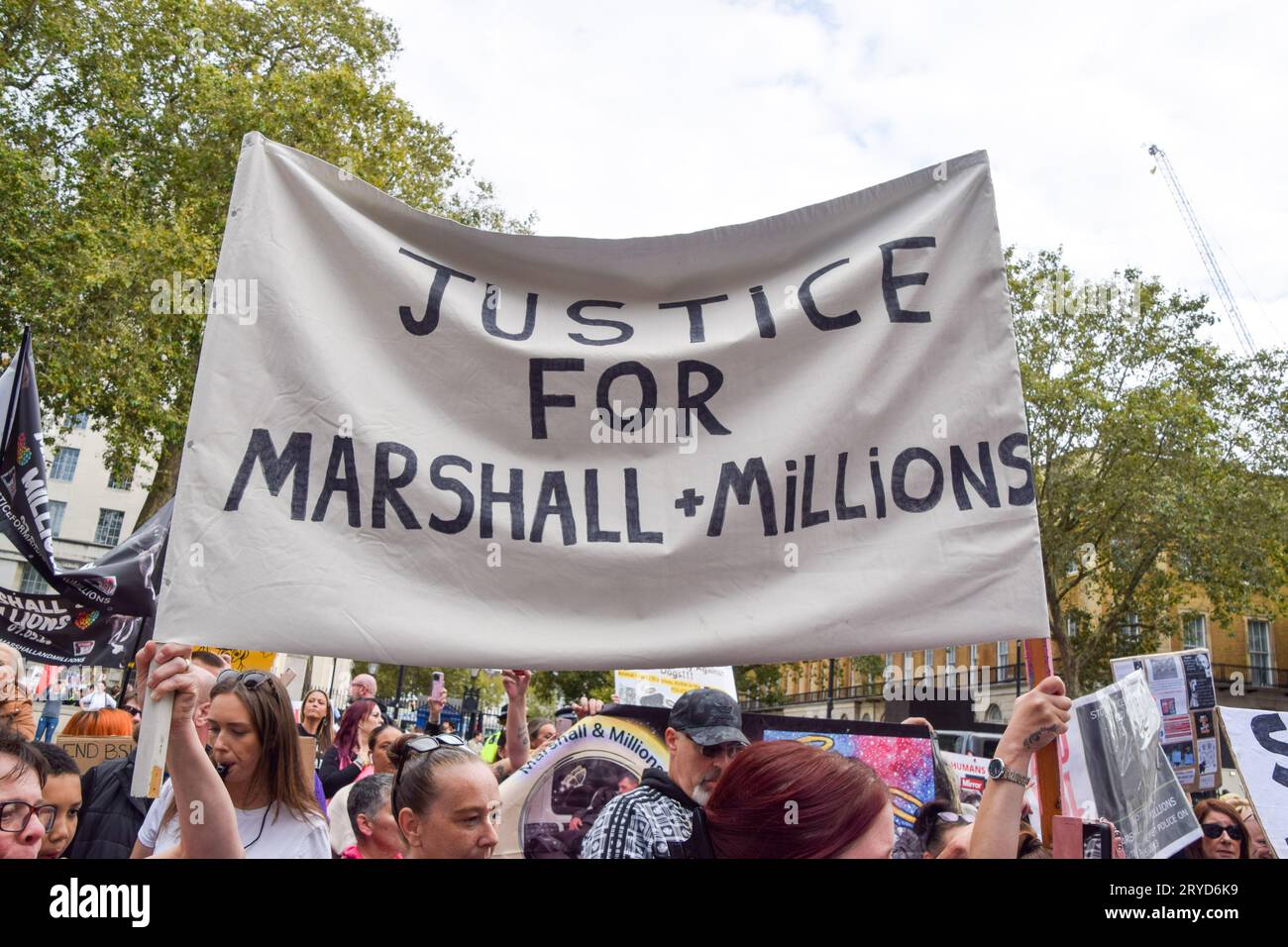 London, UK. 30th September 2023. Protesters outside Downing Street. Dog ...