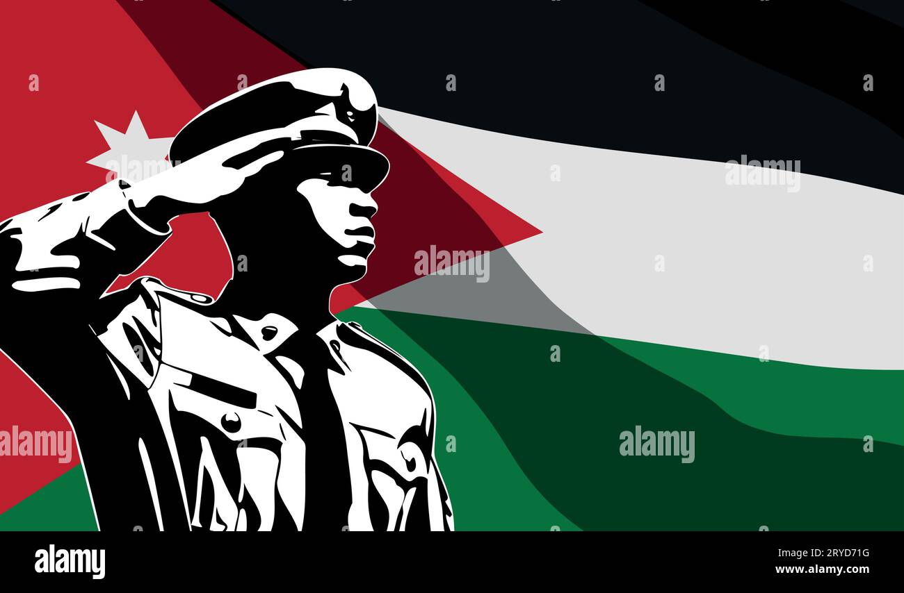 Silhouette of soldier with Jordan flag on background. Army day concept ...