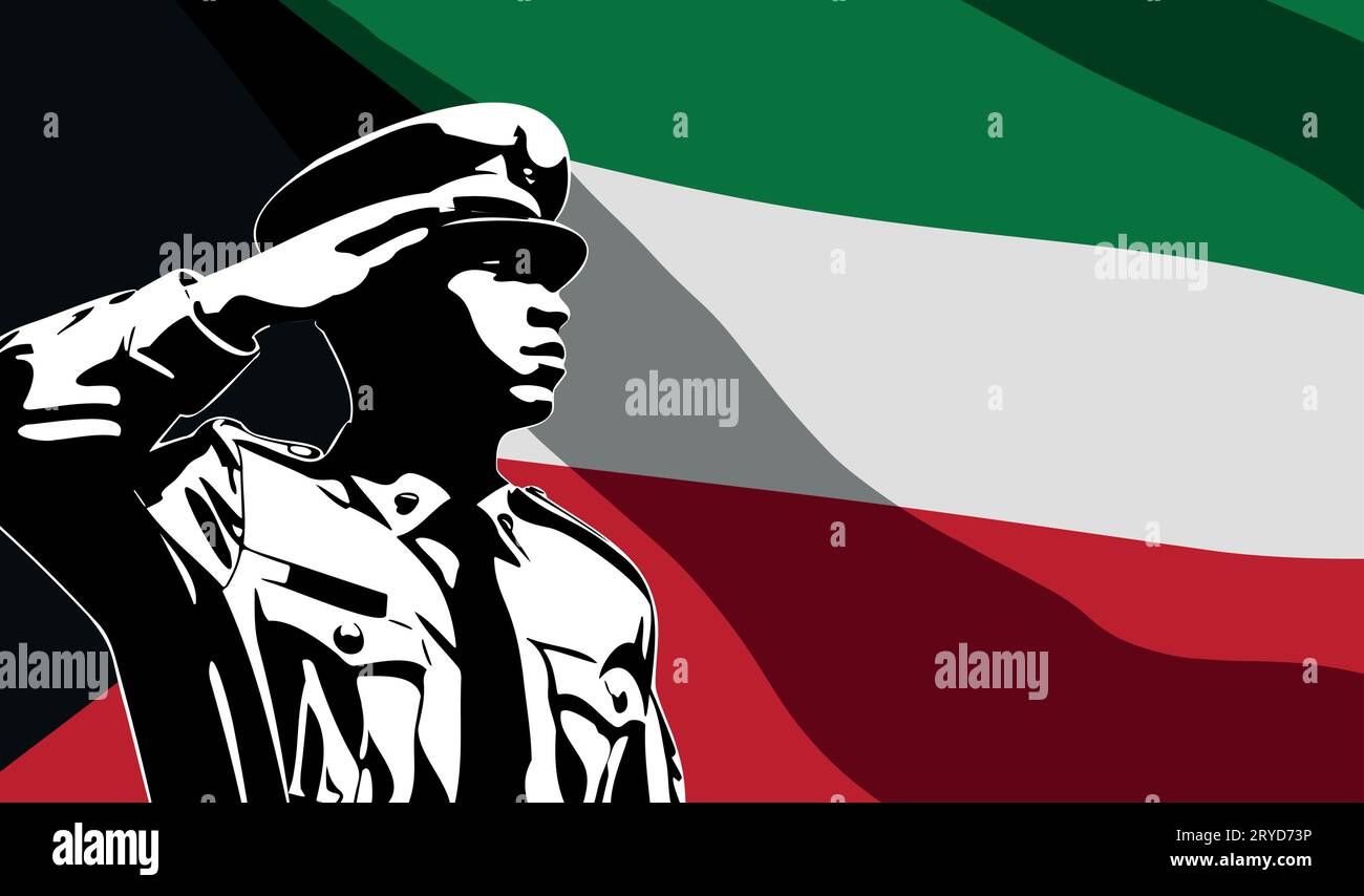 Silhouette of soldier with Kuwait flag on background. Army day concept ...