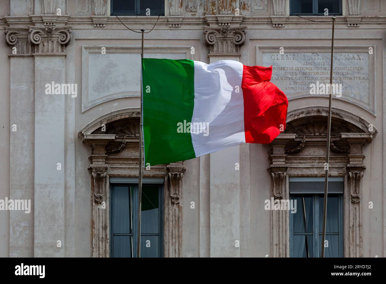 Italian flag waving above the main entrance of the Constitutional Court ...
