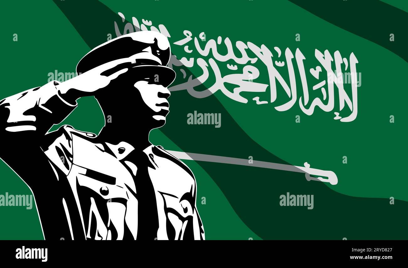 Silhouette of soldier with Saudi Arabia flag on background. Army day ...