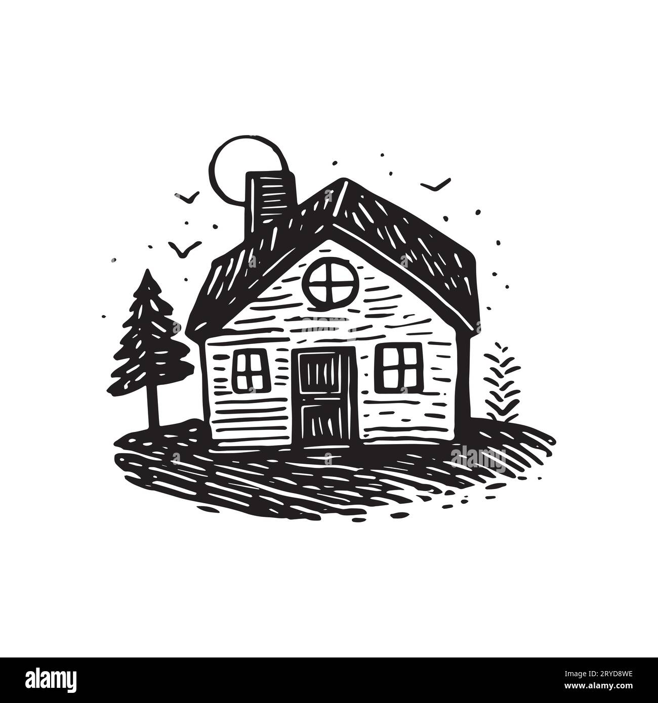 Quirky rural cabin holiday home vector illustration. Block print real ...