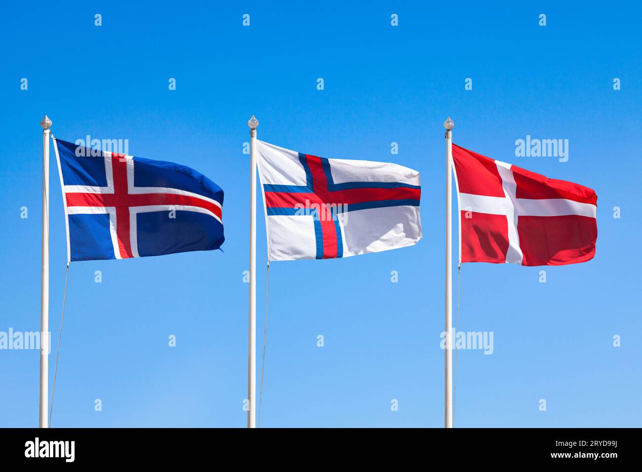 Flags of Iceland, Faroe Islands and Denmark side e by side Stock Photo - Alamy