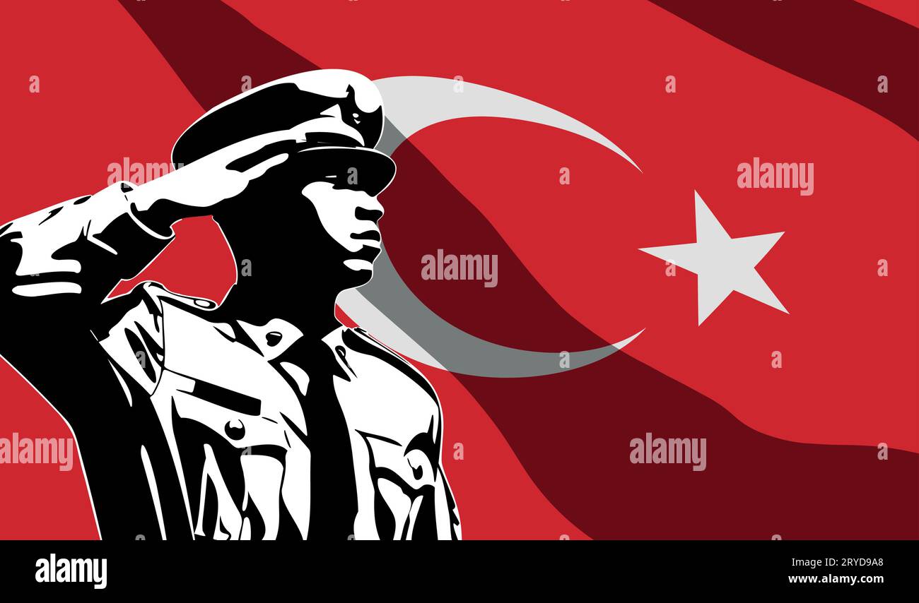 Silhouette of soldier with Turkey flag on background. Army day concept ...