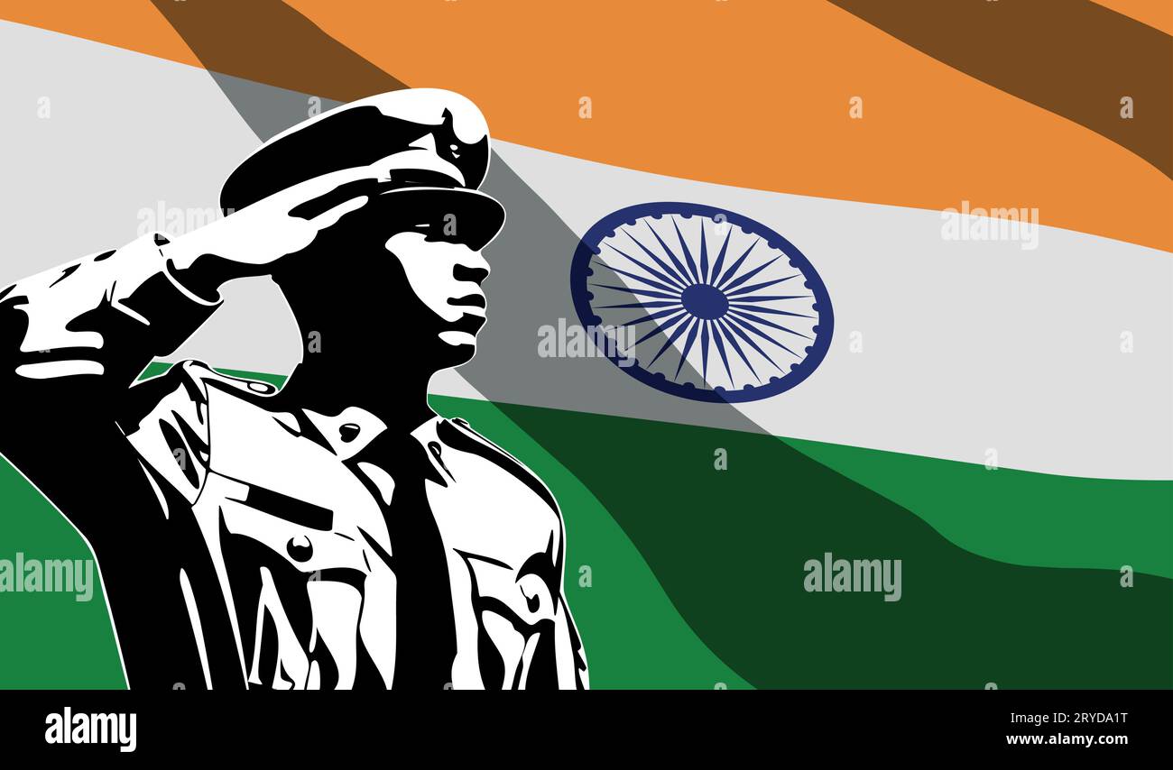 Silhouette of soldier with India flag on background. Army day concept ...