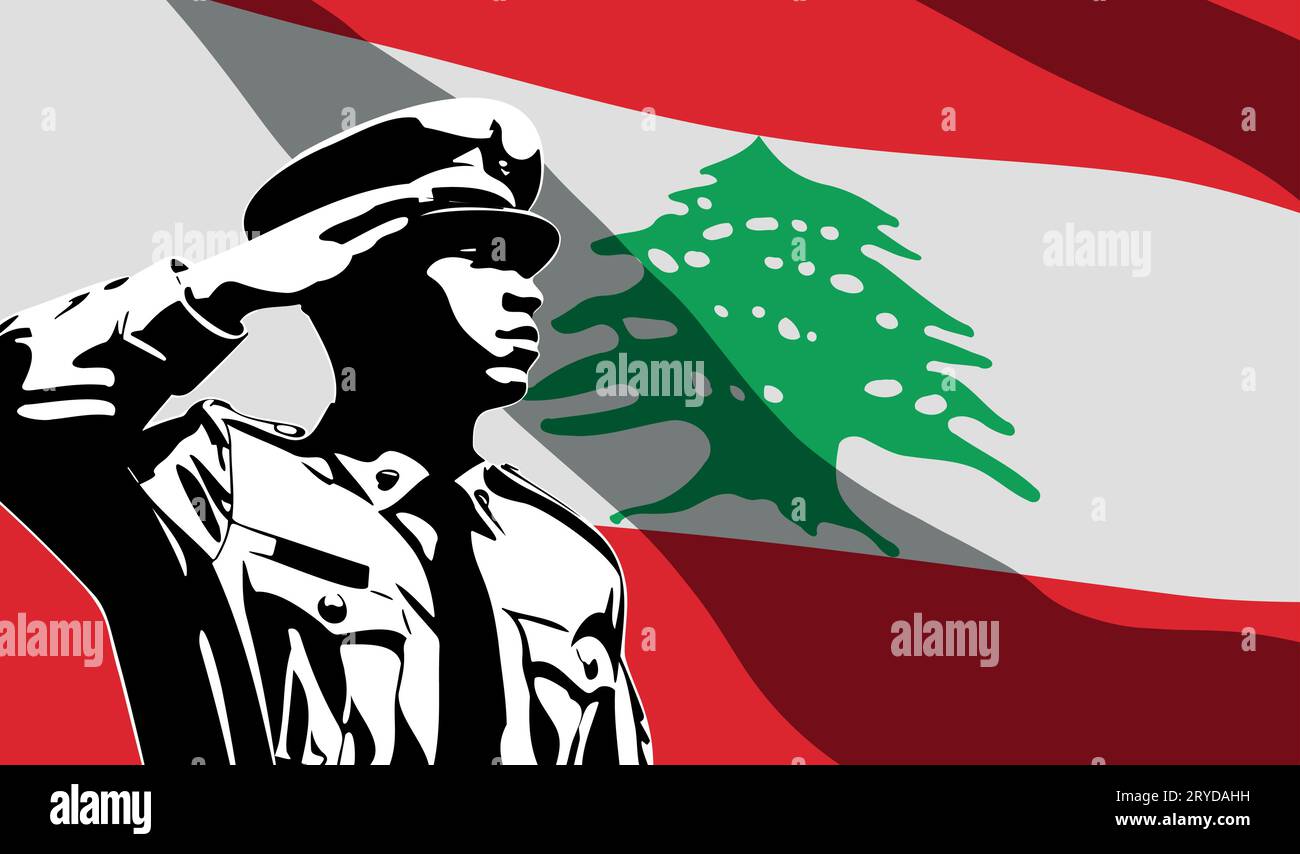 Silhouette of soldier with Lebanon flag on background. Army day concept ...