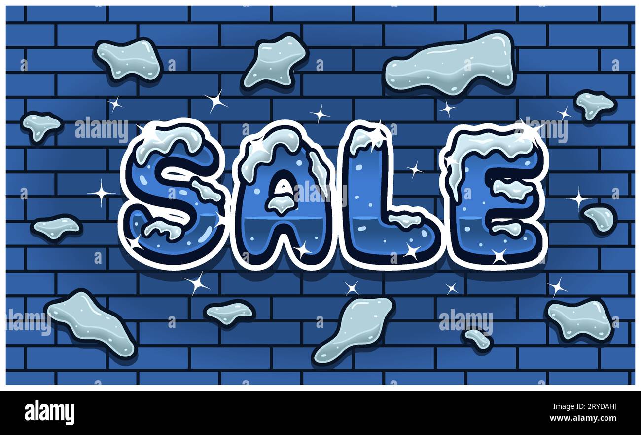 Sale Lettering With Snow Ice Font In Brick Wall Background For Sign