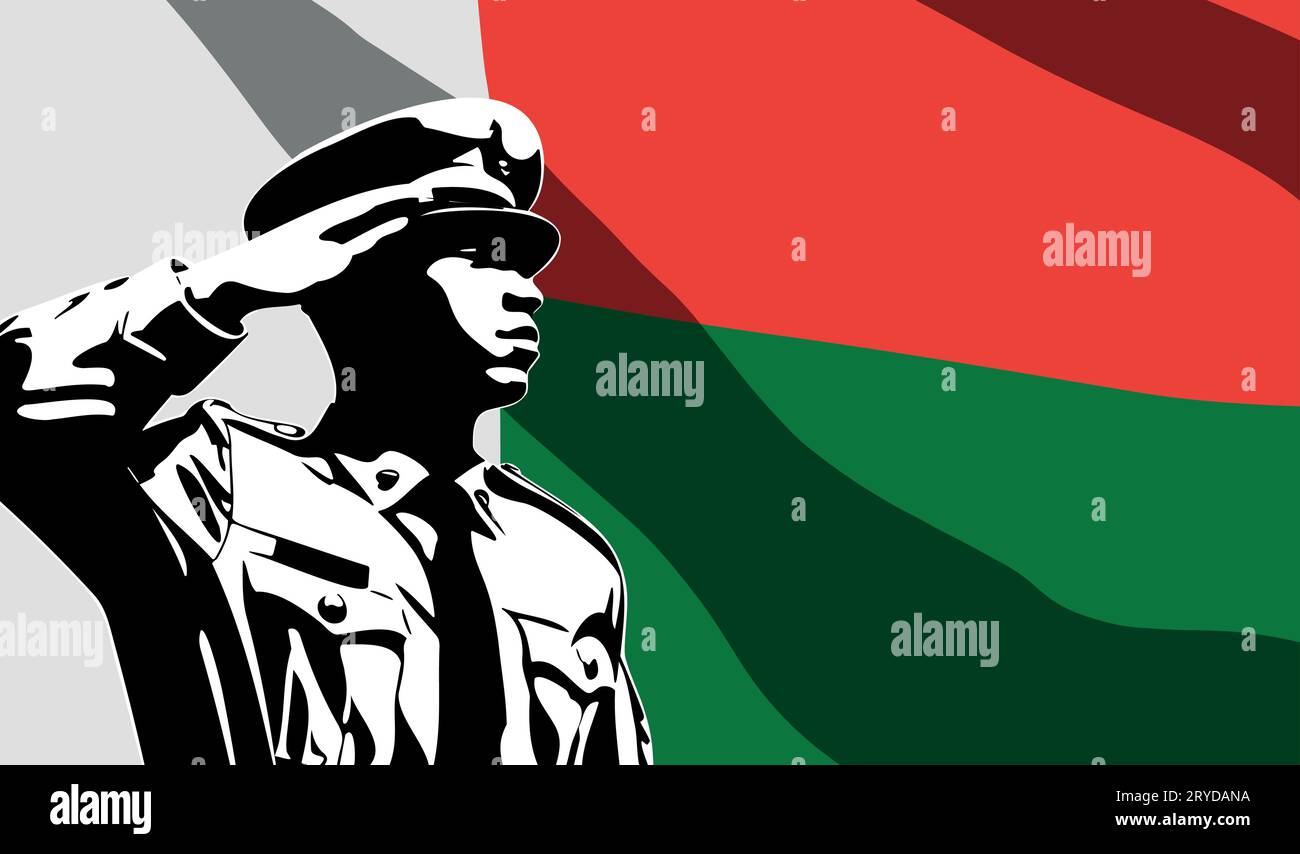 Silhouette of soldier with Madagascar flag on background. Army day ...