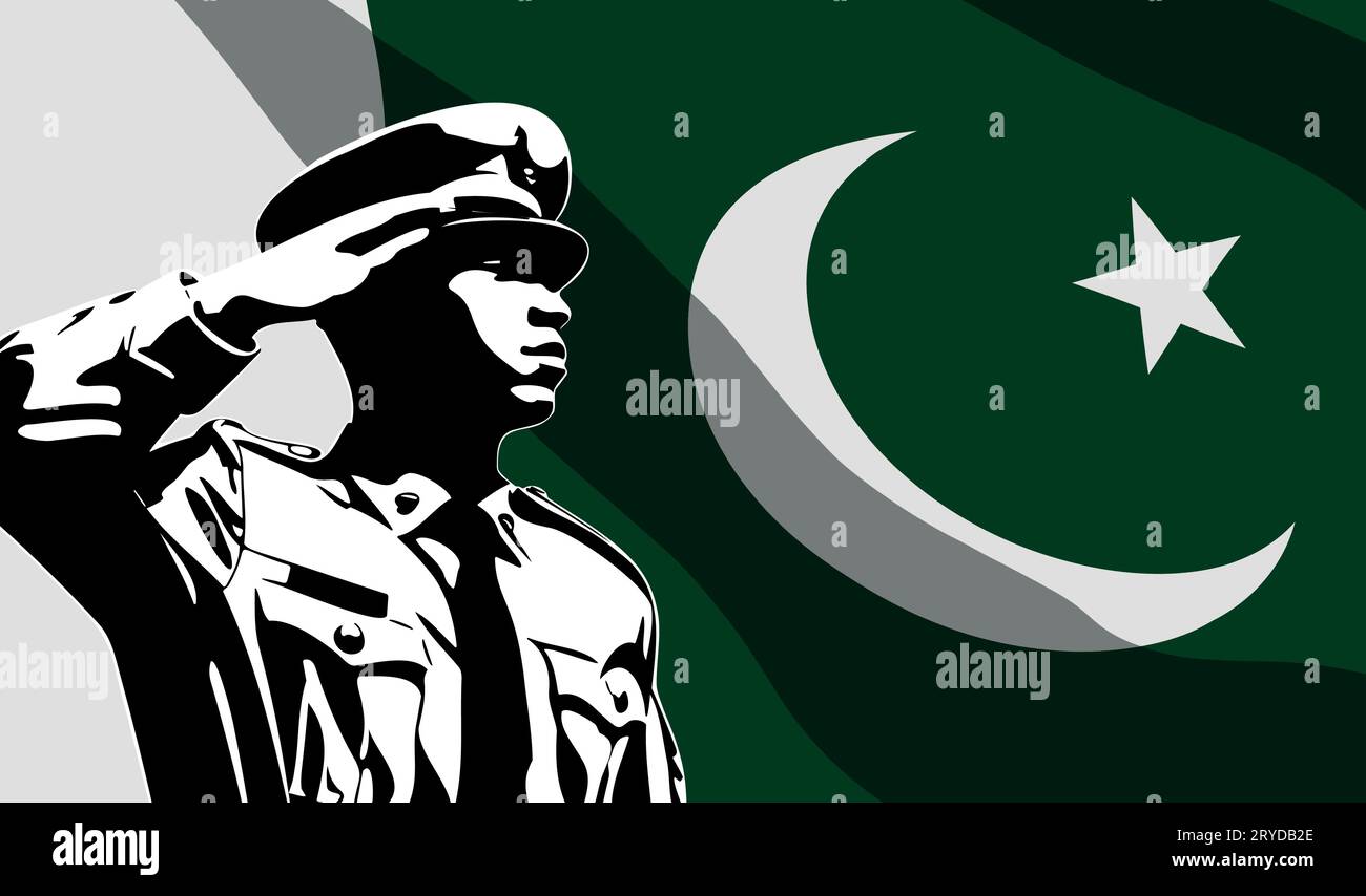 Silhouette of soldier with Pakistan flag on background. Army day ...