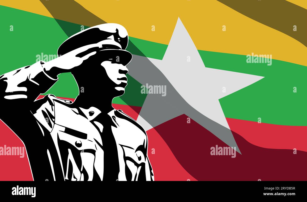 Silhouette of soldier with Myanmar flag on background. Army day concept ...