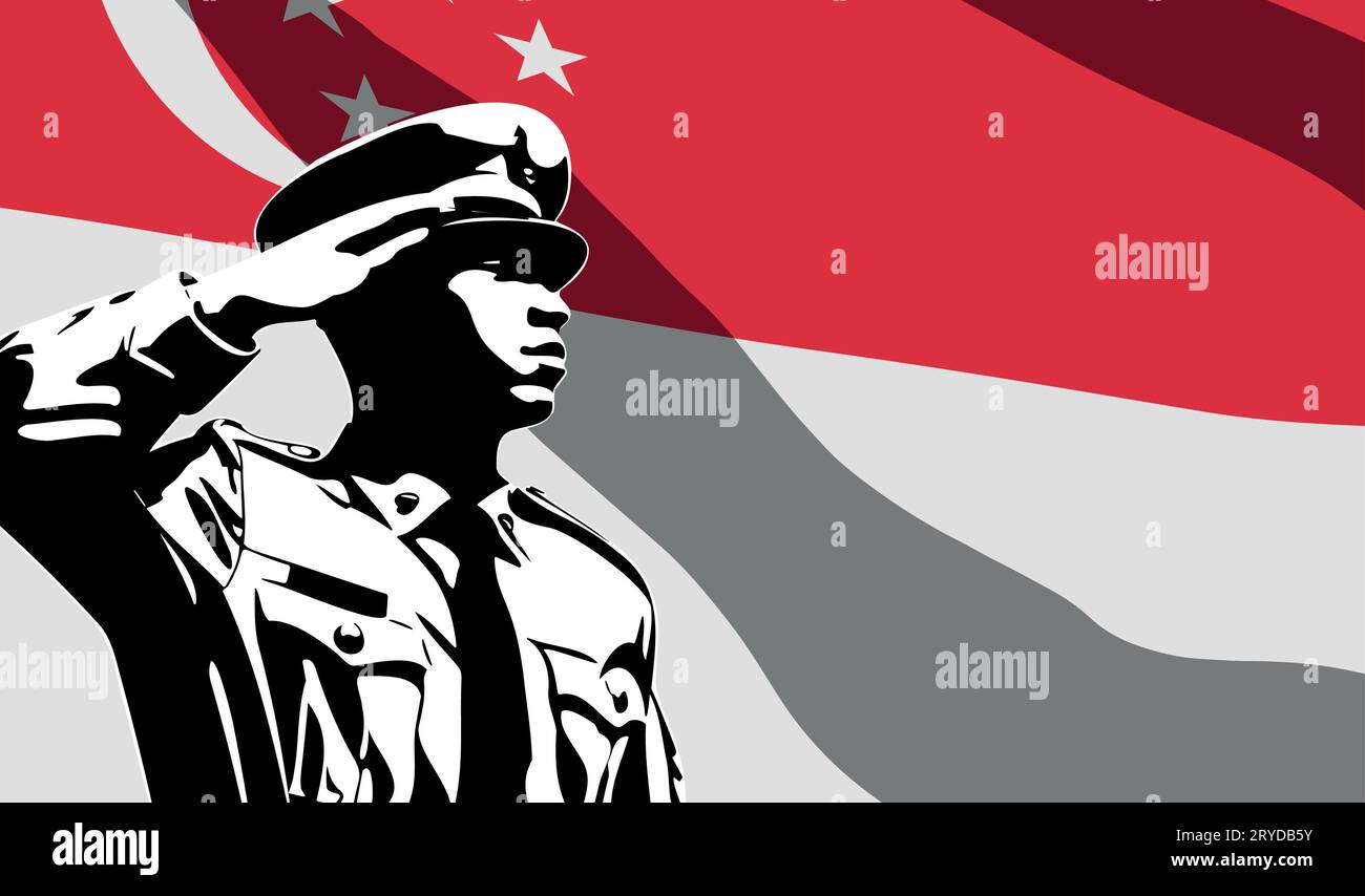 Silhouette of soldier with Singapore flag on background. Army day ...