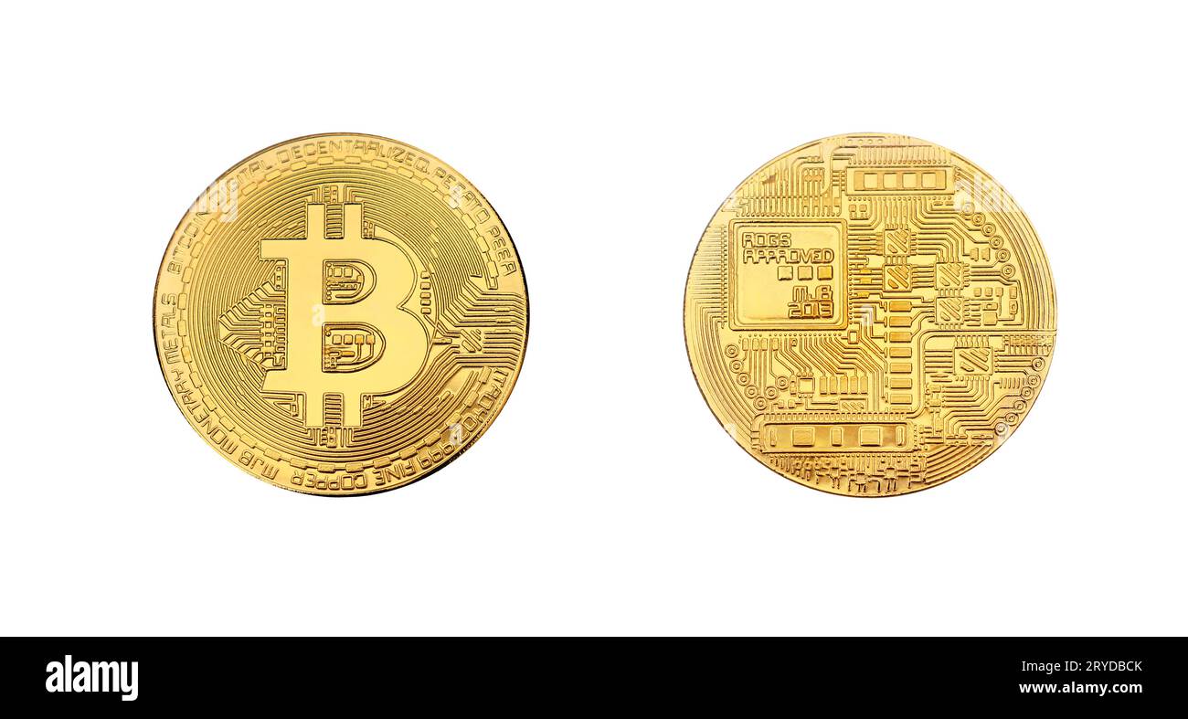 Close up two sides of golden bitcoin physical coin isolated on white ...