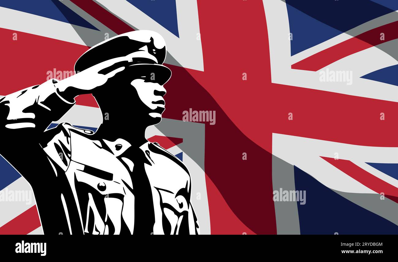 Silhouette of soldier with United Kingdom flag on background. Army day ...
