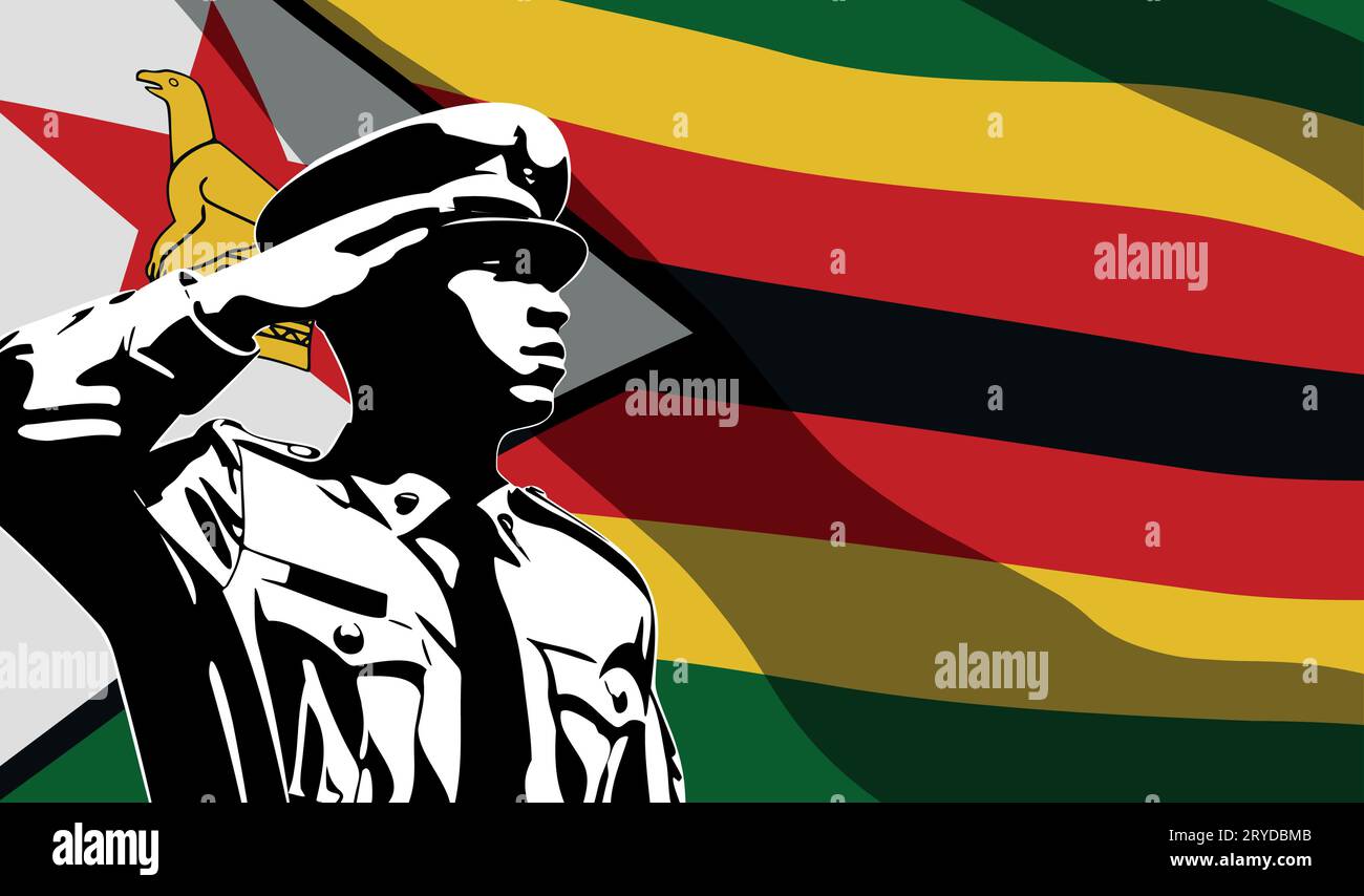 Silhouette of soldier with Zimbabwe flag on background. Army day ...