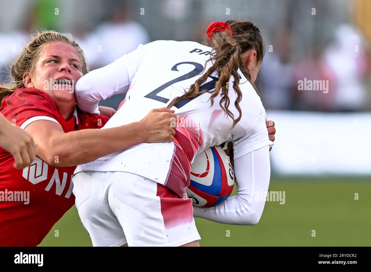 Lucy Packer of England Women is tackled during the Womens International ...