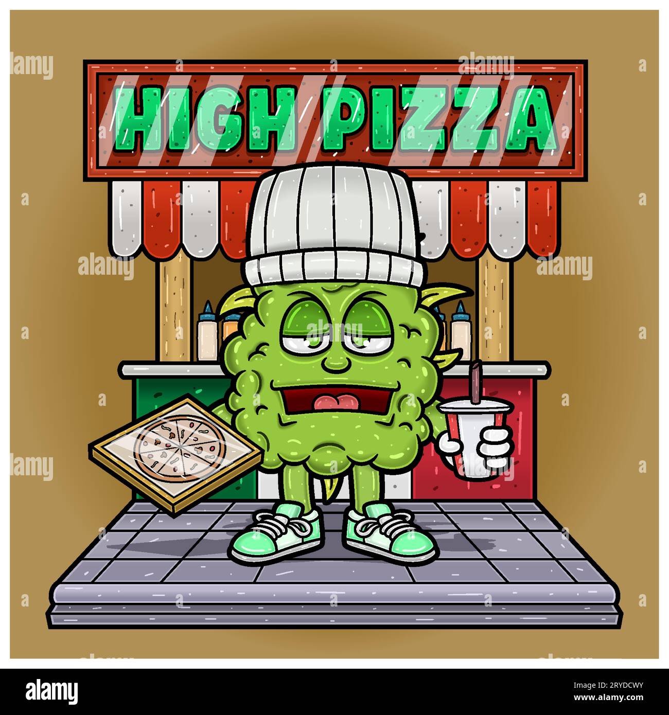 Weedbud Holding Pizza and Drink Character Cartoon With Text Effect and ...