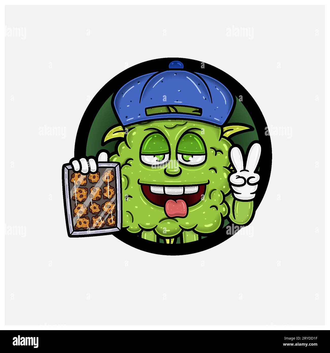 Weed Bud Mascot Cartoon Holding Cookies With Circle Logo. For Mascot ...