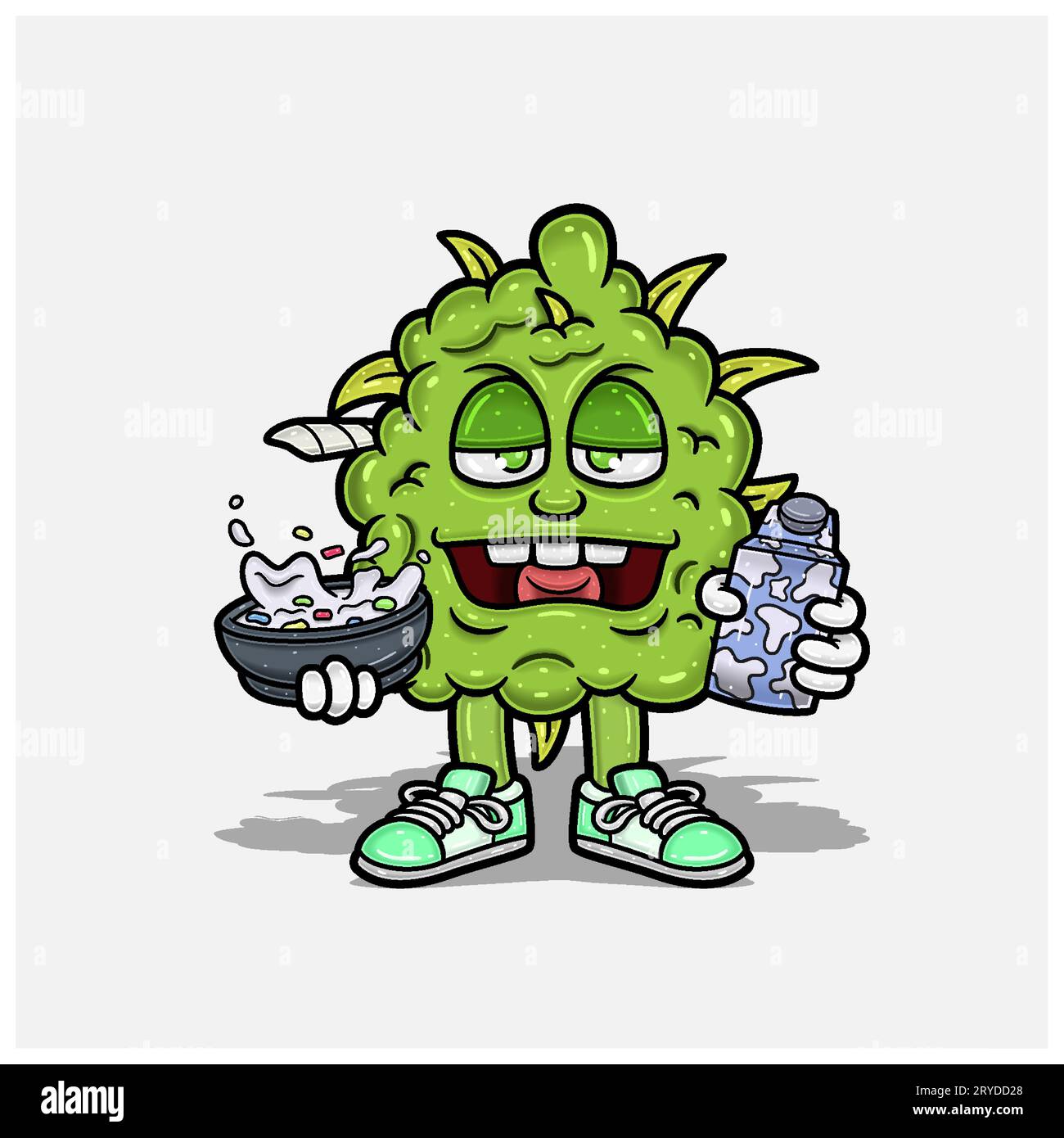 Weed Bud Mascot Cartoon Holding Cereals and Milk. For Mascot Logo ...