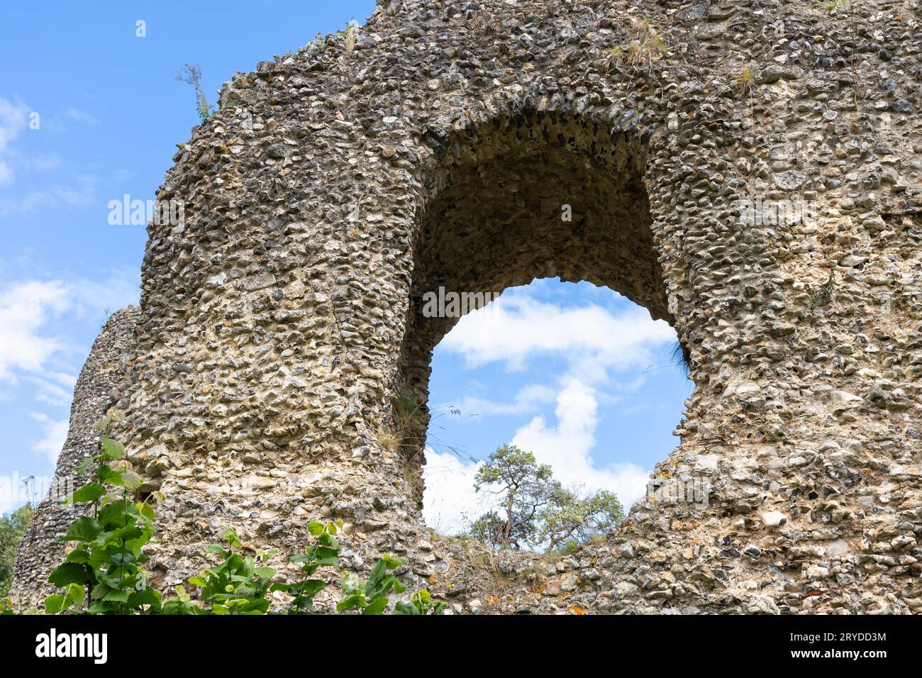 An opening in the ruined wall and remaining flint core of the keep of ...