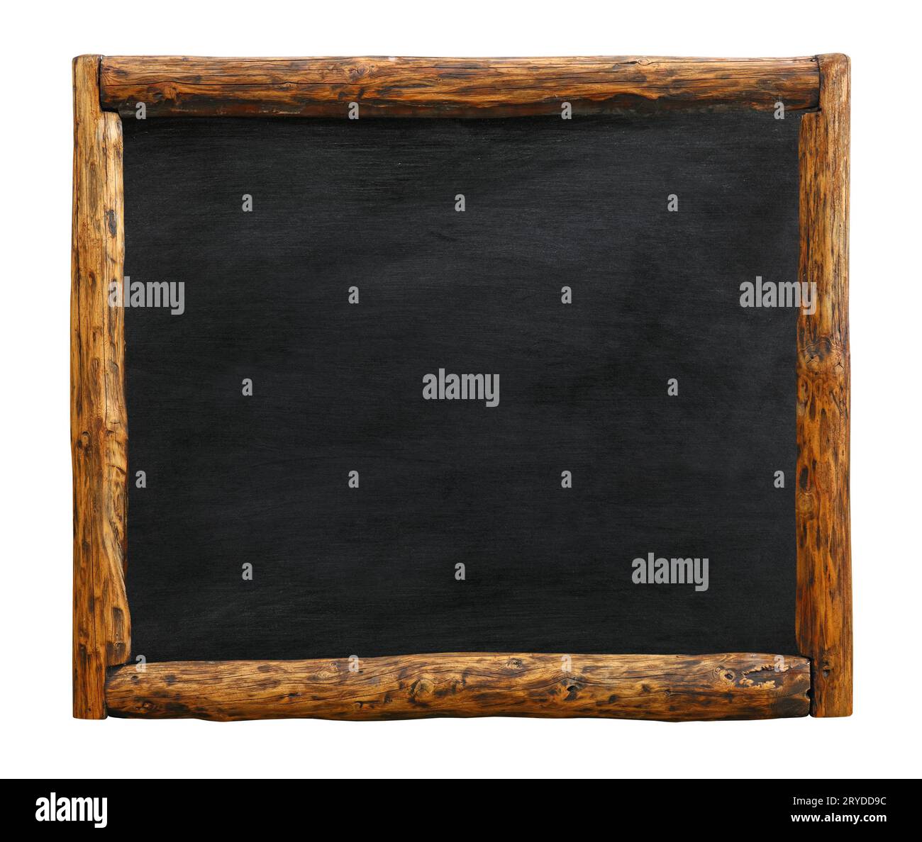 Black chalkboard sign with wooden log border frame Stock Photo - Alamy