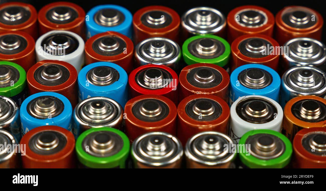 Close up background of various alkaline batteries Stock Photo - Alamy