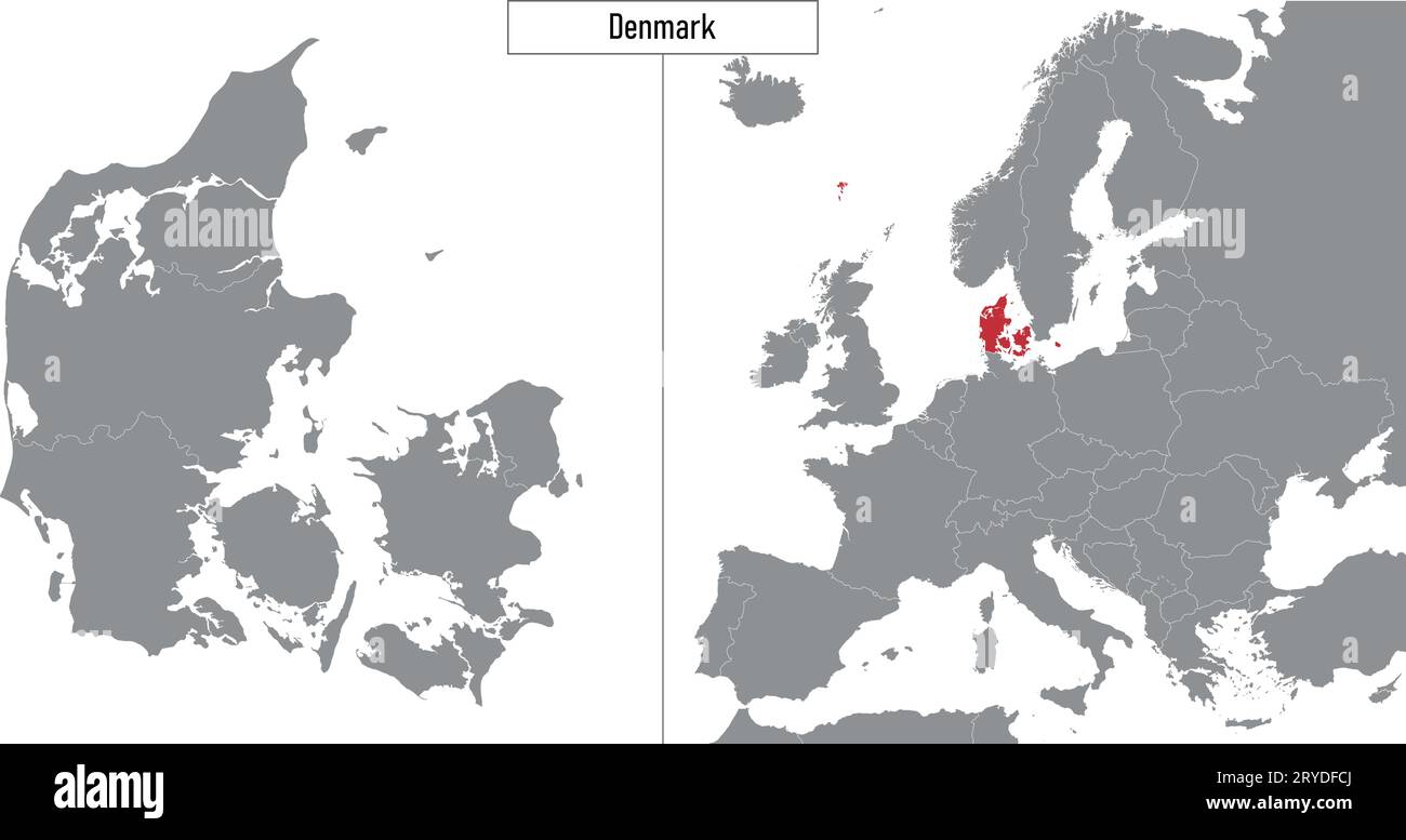 map of Denmark and location on Europe map. Vector illustration Stock ...
