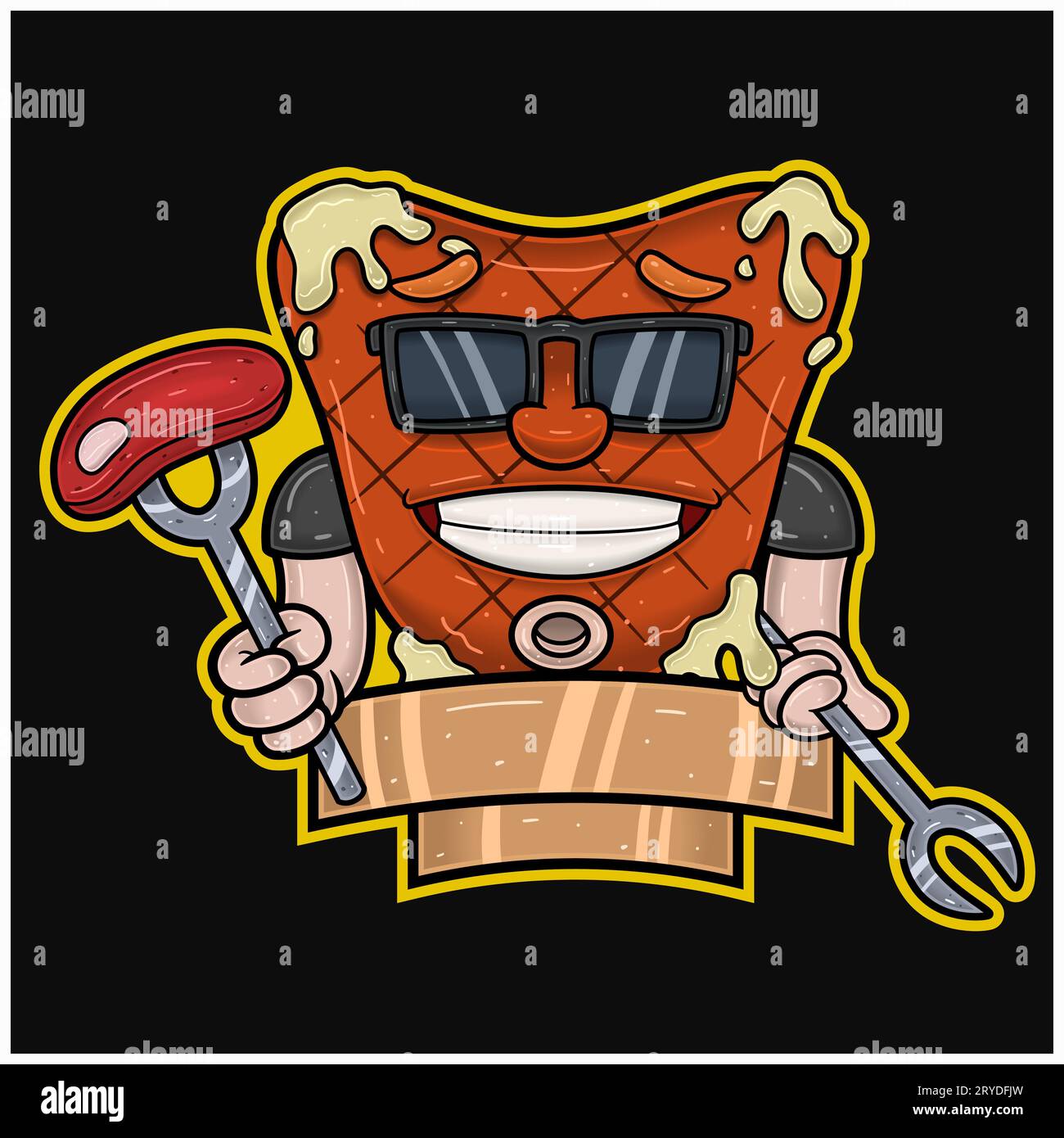 Mascot Cartoon of Meat Steak With Holding Meat and Forks. With Blank ...