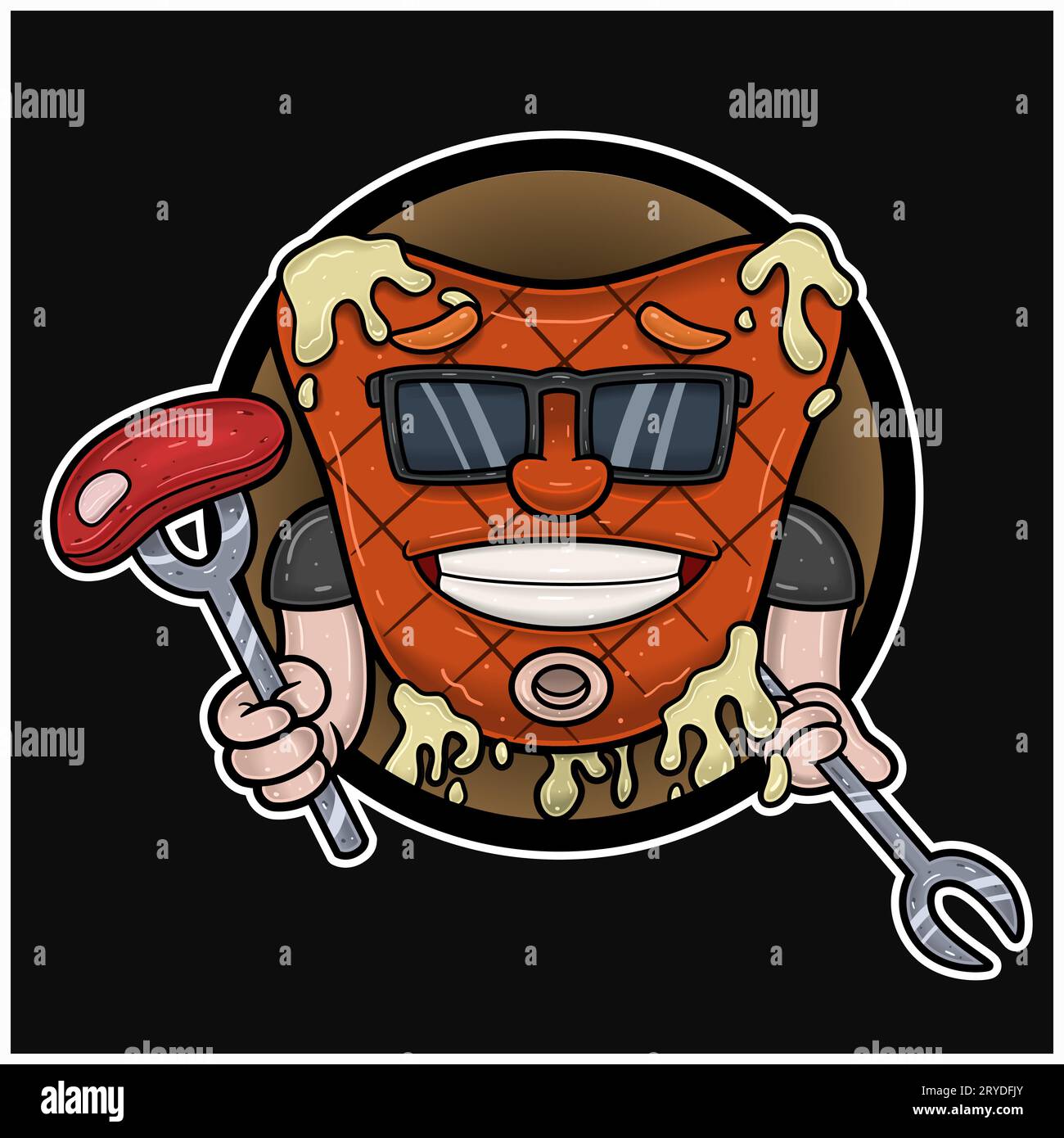 Mascot Cartoon of Meat Steak With Holding Meat and Forks. With Circle ...