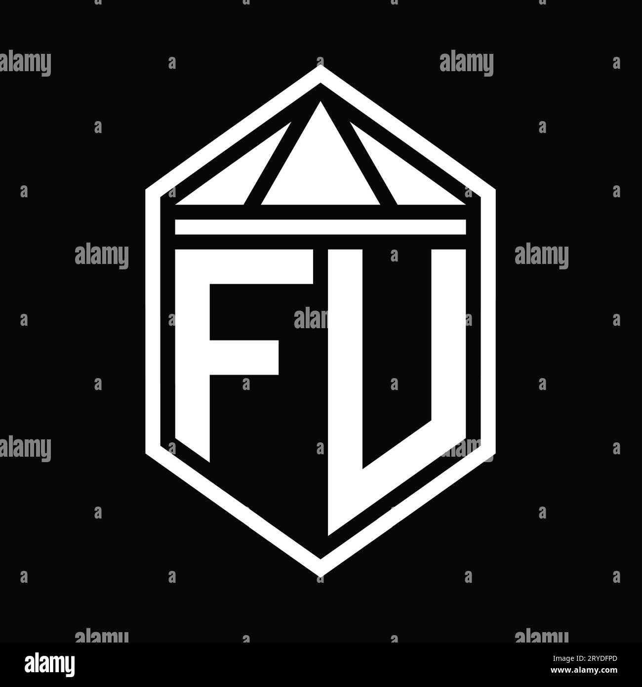 FU Letter Logo monogram simple hexagon shield shape with triangle crown isolated style design ...