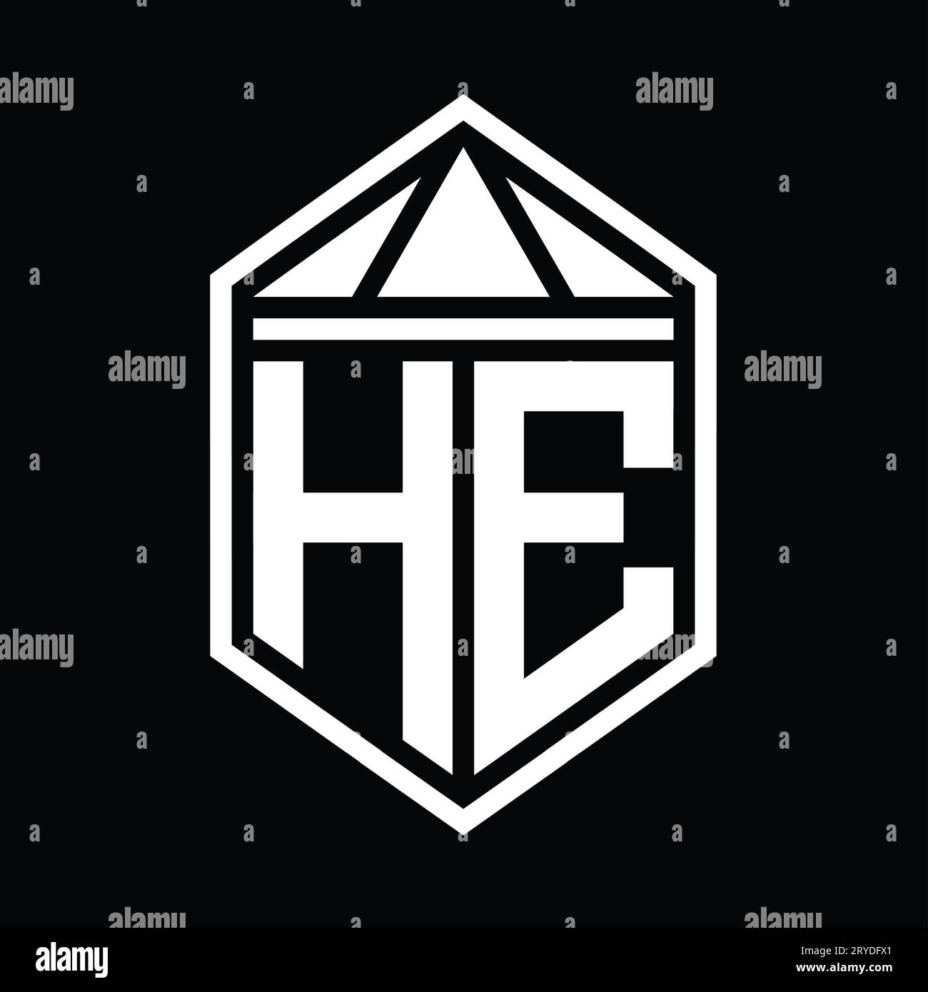 HE Letter Logo monogram simple hexagon shield shape with triangle crown isolated style design ...