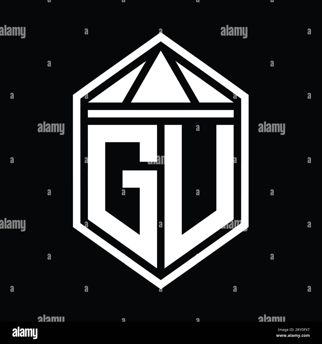 GU Letter Logo monogram simple hexagon shield shape with triangle crown isolated style design ...