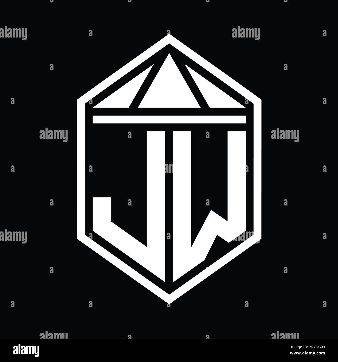 JW Letter Logo monogram simple hexagon shield shape with triangle crown isolated style design ...