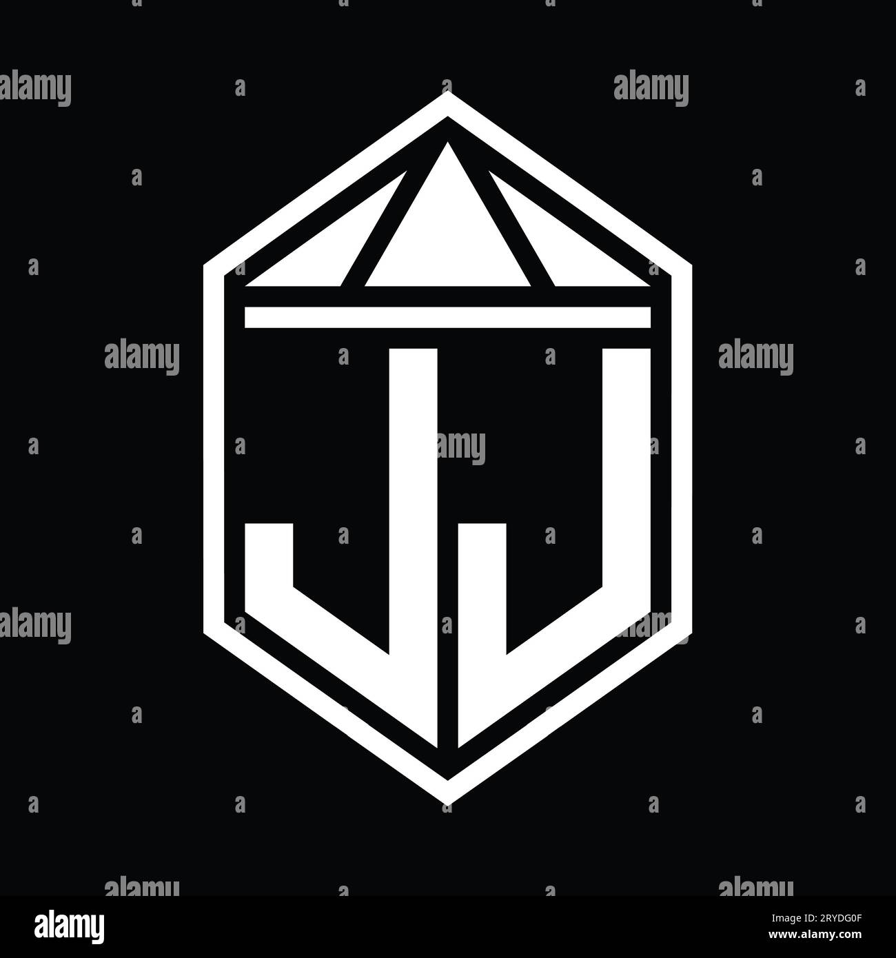 JJ Letter Logo monogram simple hexagon shield shape with triangle crown isolated style design ...