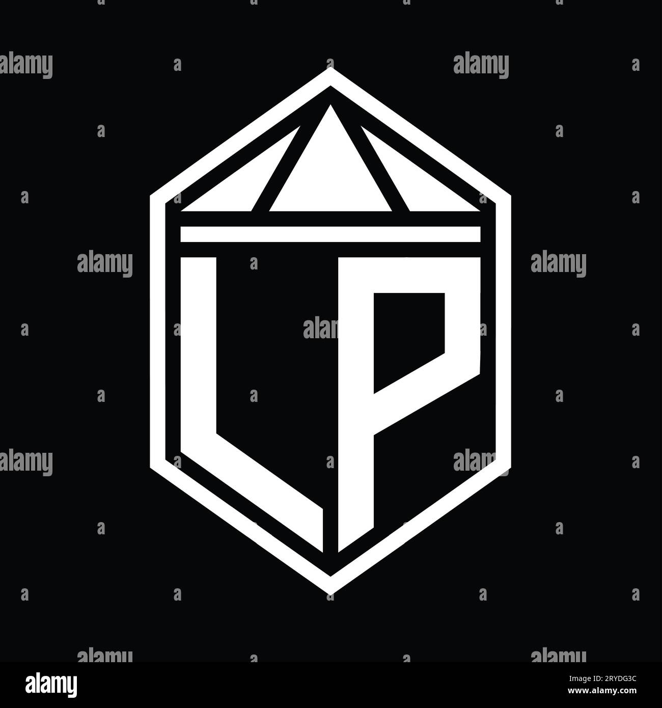 LP Letter Logo monogram simple hexagon shield shape with triangle crown isolated style design ...