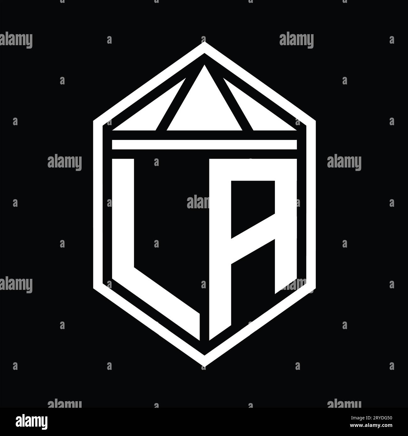 LA Letter Logo monogram simple hexagon shield shape with triangle crown isolated style design ...
