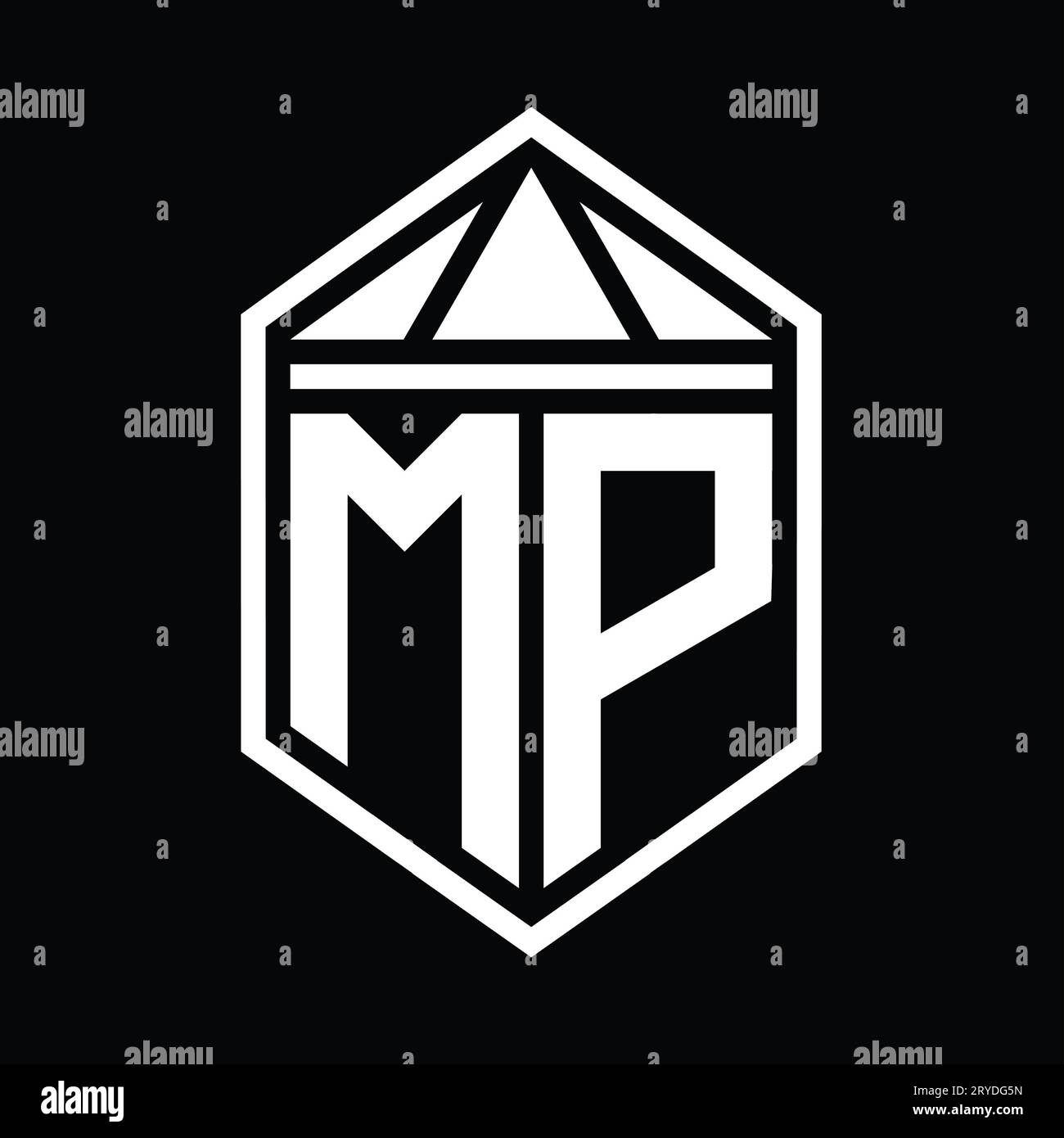 Mp Letter Logo Monogram Simple Hexagon Shield Shape With Triangle Crown Isolated Style Design