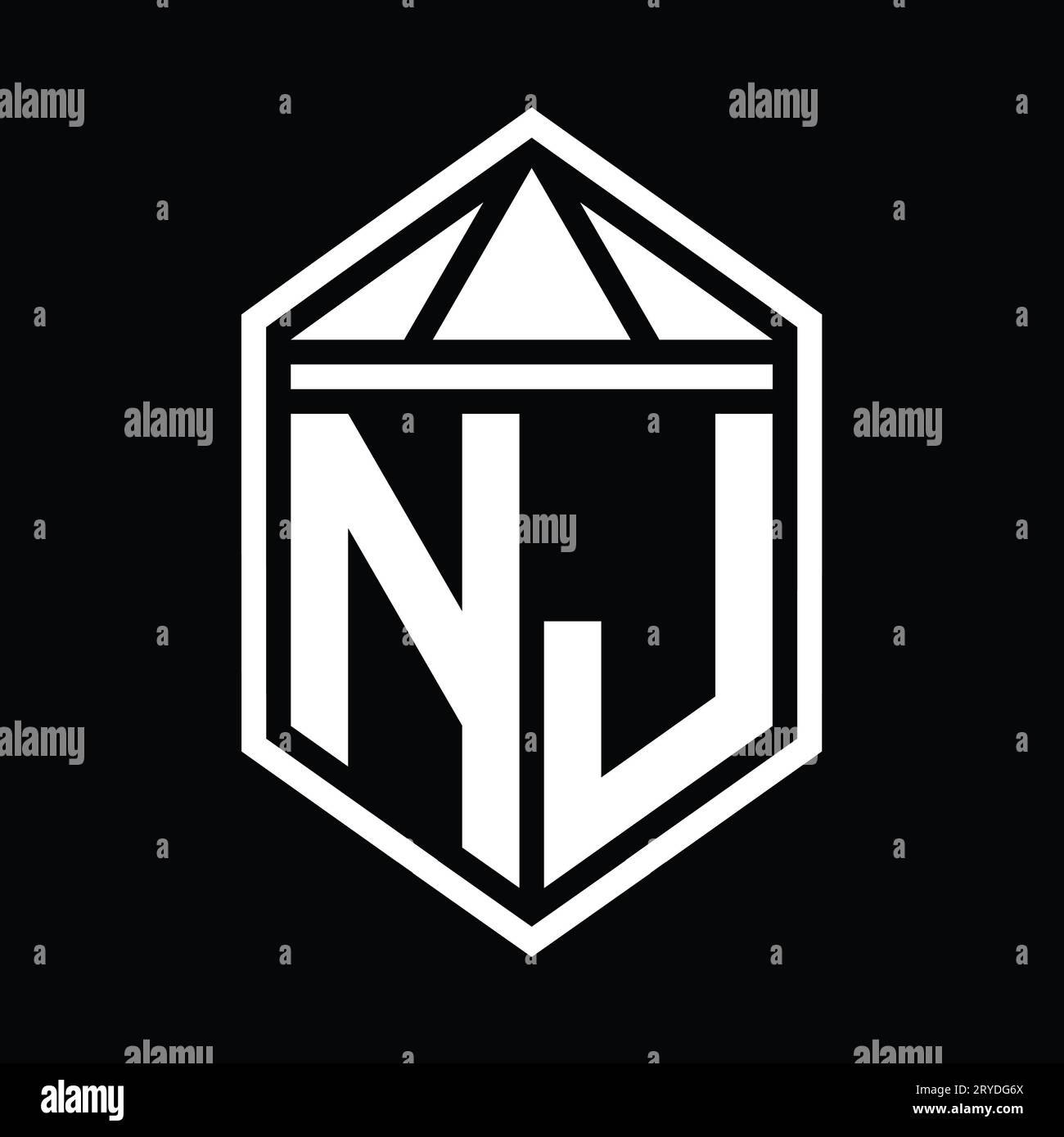 NJ Letter Logo monogram simple hexagon shield shape with triangle crown ...