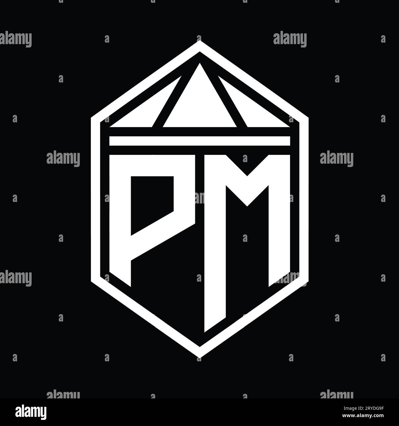 PM Letter Logo monogram simple hexagon shield shape with triangle crown isolated style design ...
