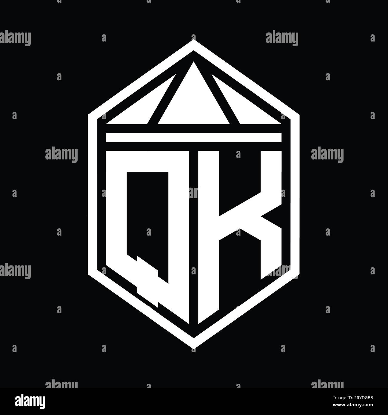 QK Letter Logo monogram simple hexagon shield shape with triangle crown isolated style design ...