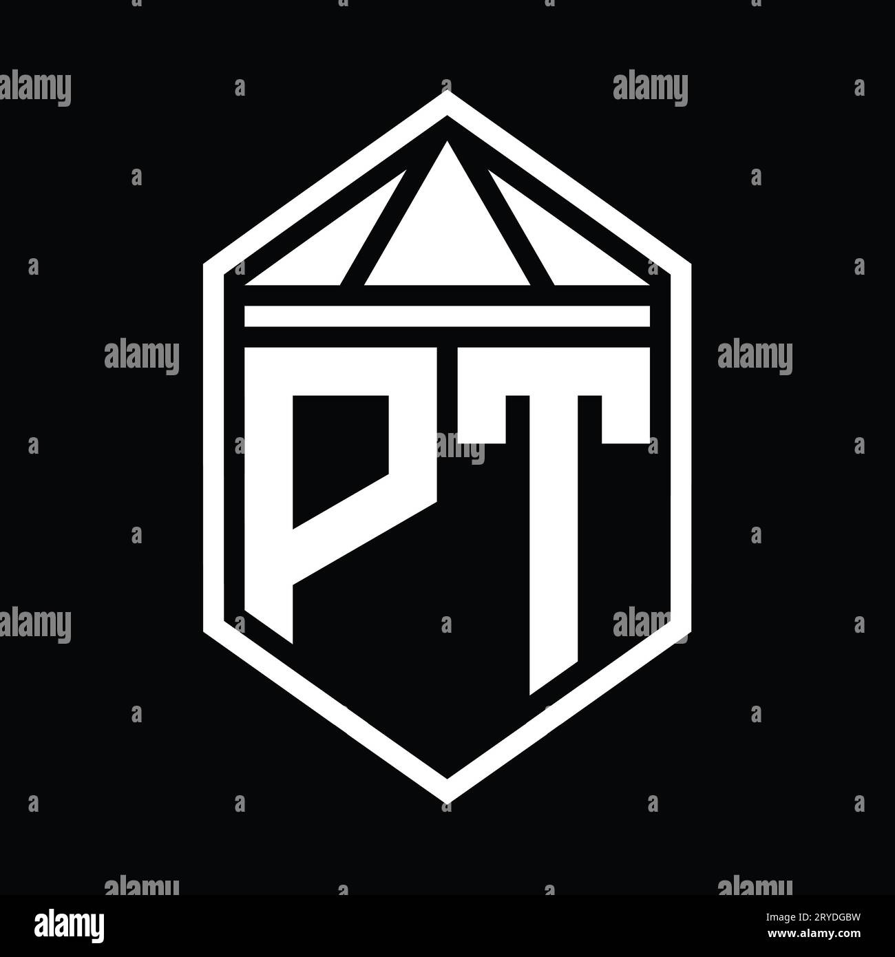 PT Letter Logo monogram simple hexagon shield shape with triangle crown isolated style design ...