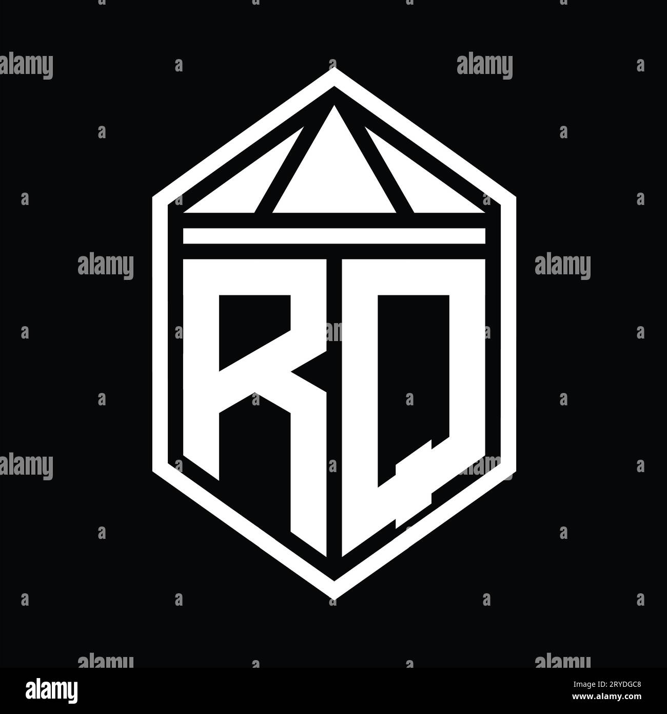 RQ Letter Logo monogram simple hexagon shield shape with triangle crown ...