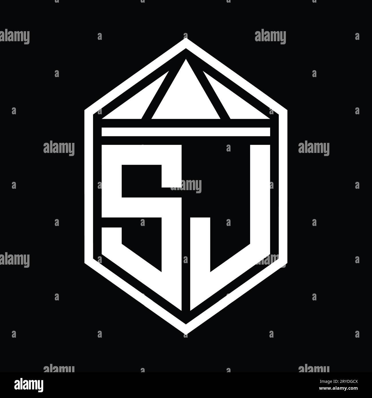 SJ Letter Logo monogram simple hexagon shield shape with triangle crown ...