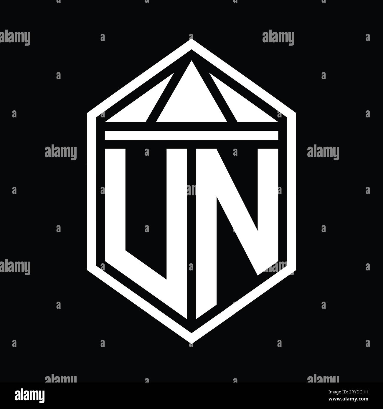 UN Letter Logo monogram simple hexagon shield shape with triangle crown ...