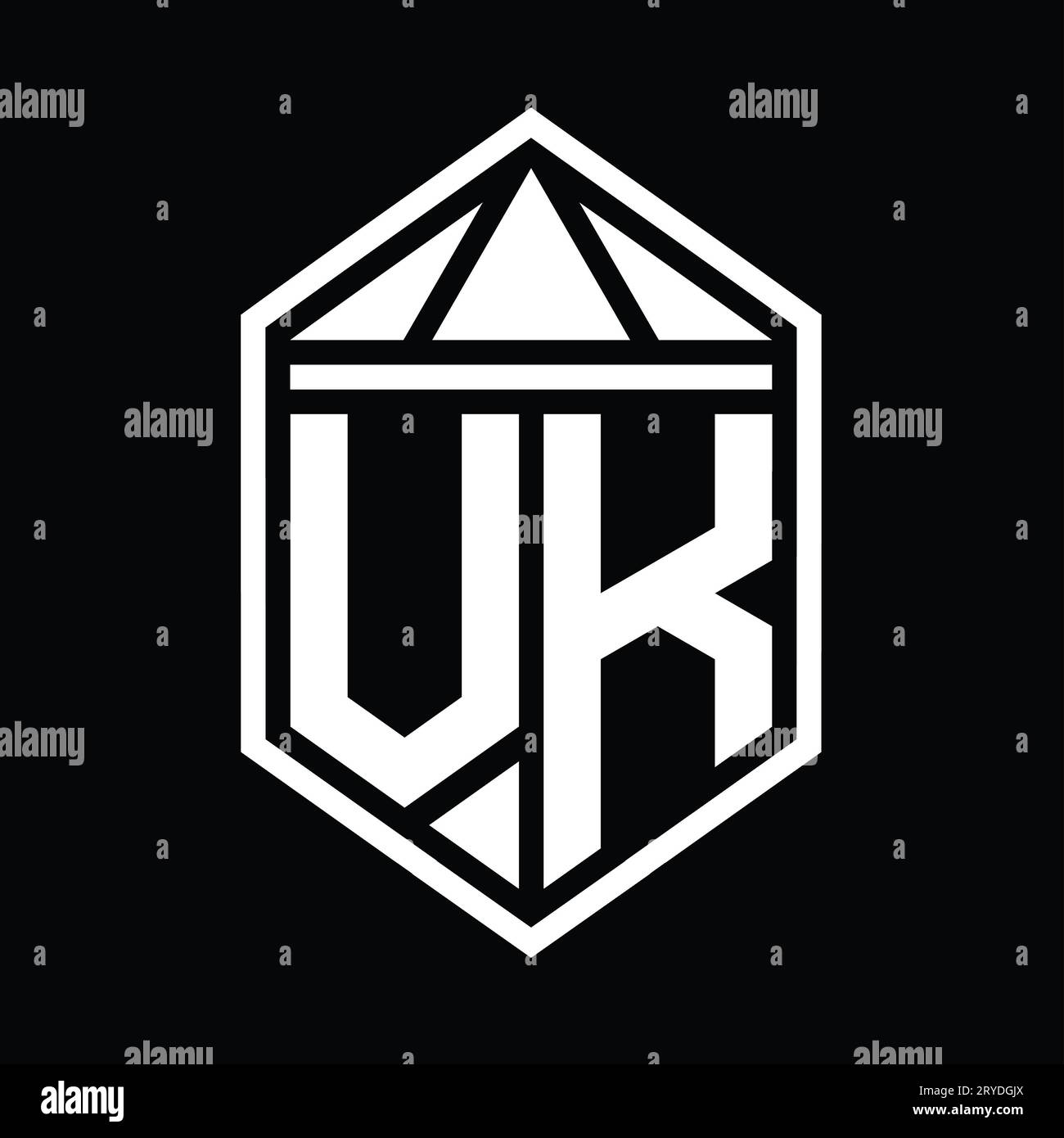 VK Letter Logo monogram simple hexagon shield shape with triangle crown isolated style design ...