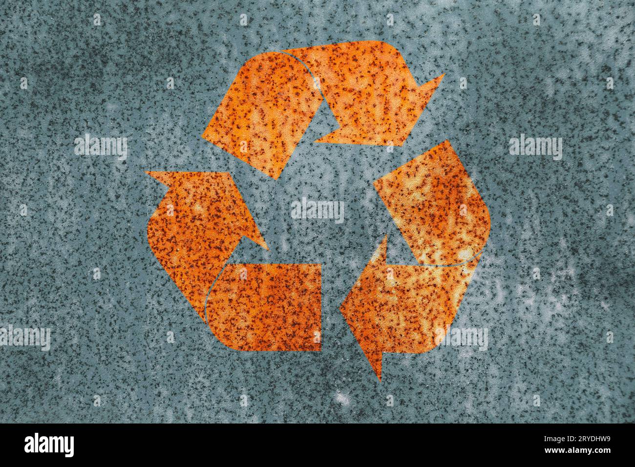 Rust stained corroded metal surfacewith recycling logo sign Stock Photo ...