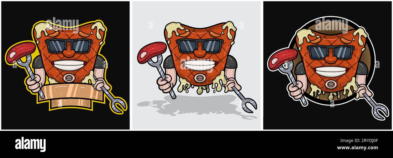 Set Of Beef Steak Mascot Cartoon With Holding Meat and Forks. For Food ...