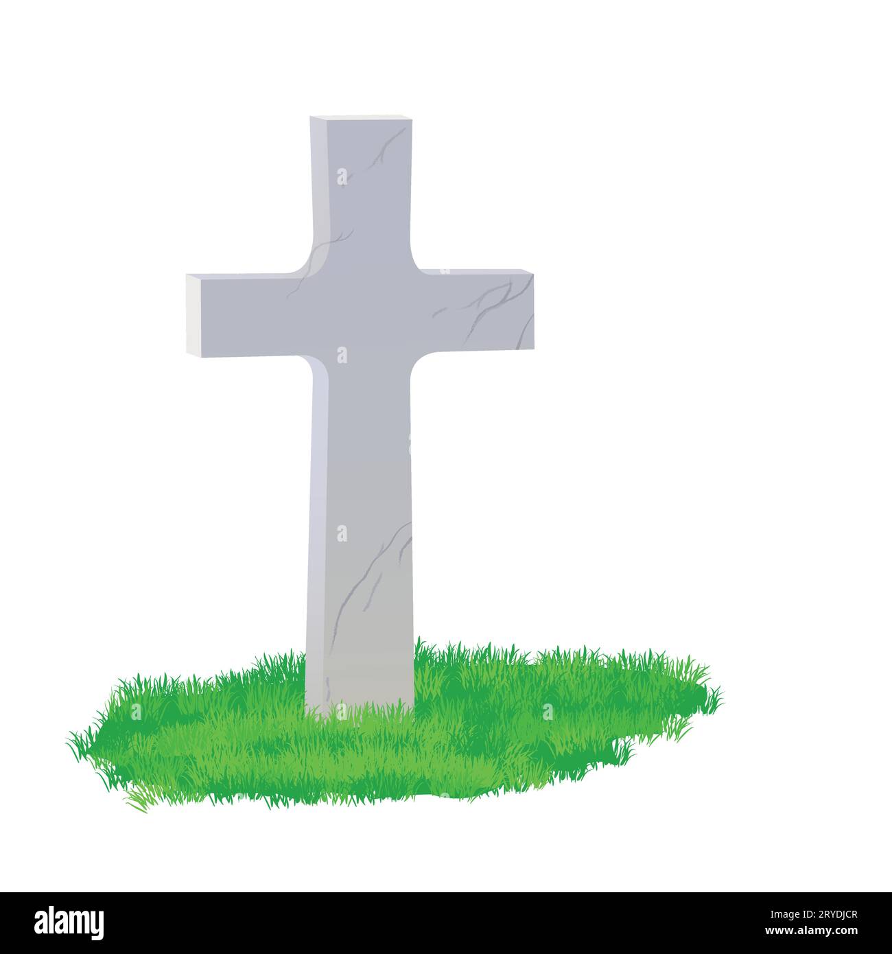 Cartoon grave. A memorial cross made of gray marble on a green lawn. Vector illustration of the ...